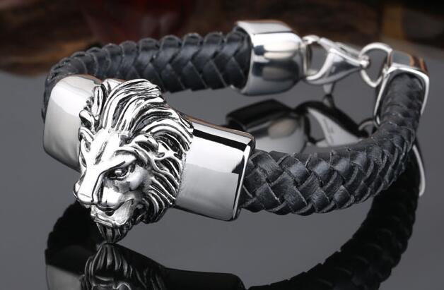 black braided leather bracelet | custom lion head black braided leather ...