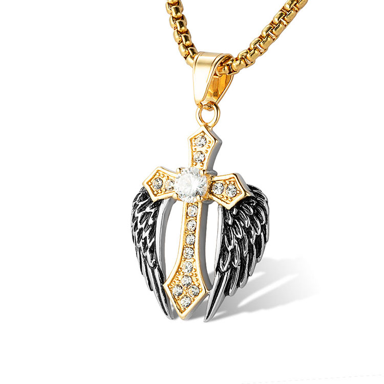 Custom Iced Out 14K Gold Plated Enamel Angel Wing Pendant Cross Shape ...
